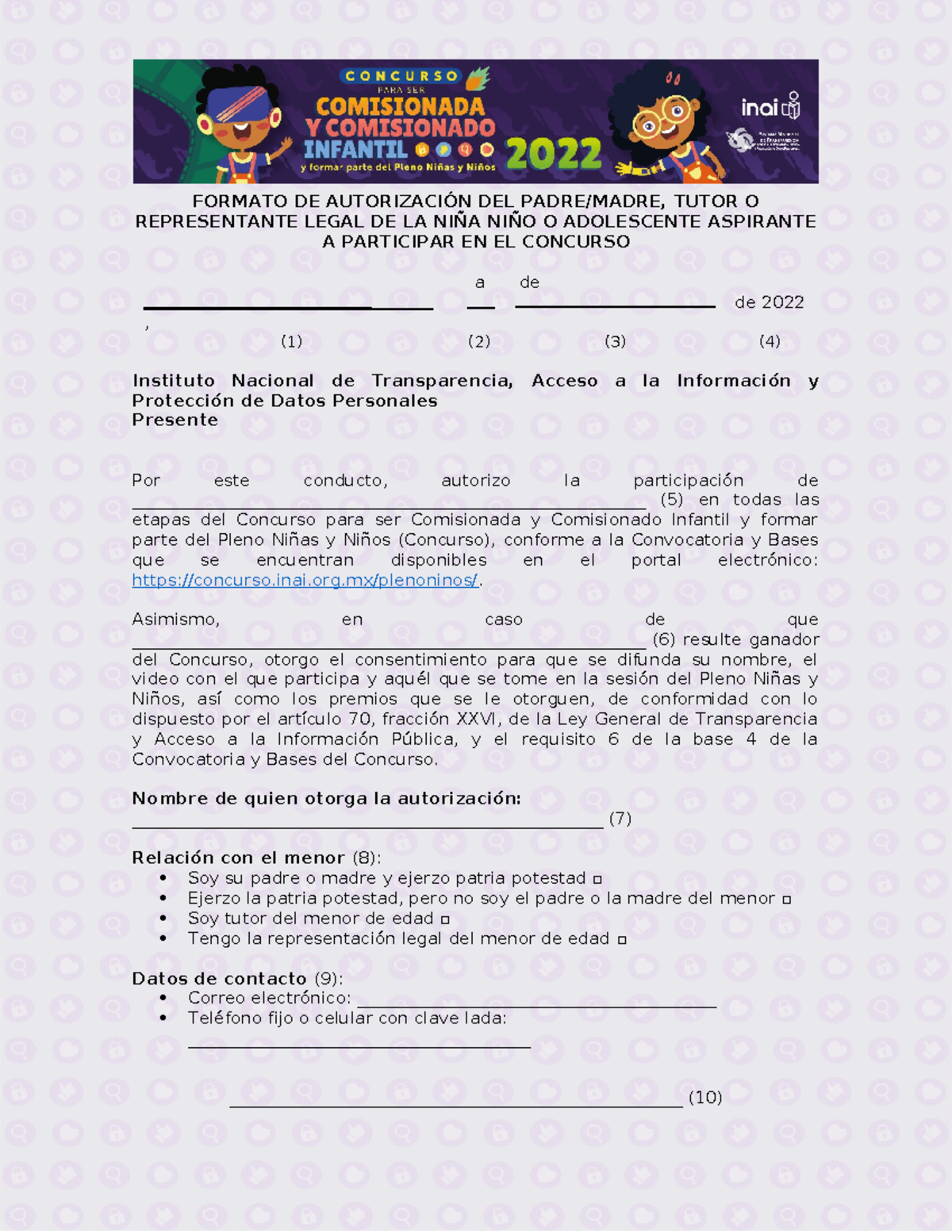 Formato DE Autorizacion INAI - FORMATO DE AUTORIZACIÓN DEL PADRE/MADRE ...