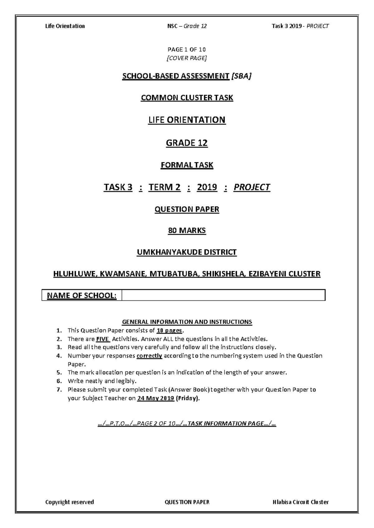 Grade 12 LO Project: Term 2 2019 Question Paper-1 on Human Rights - Studocu