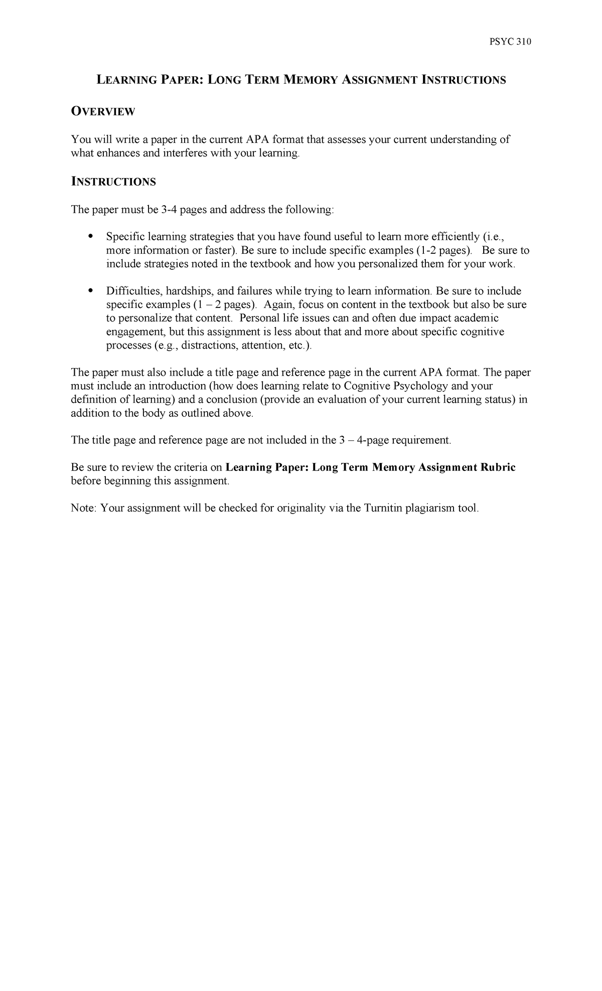 Learning Paper Long Term Memory Assignment Instruction - PSYC 310 ...