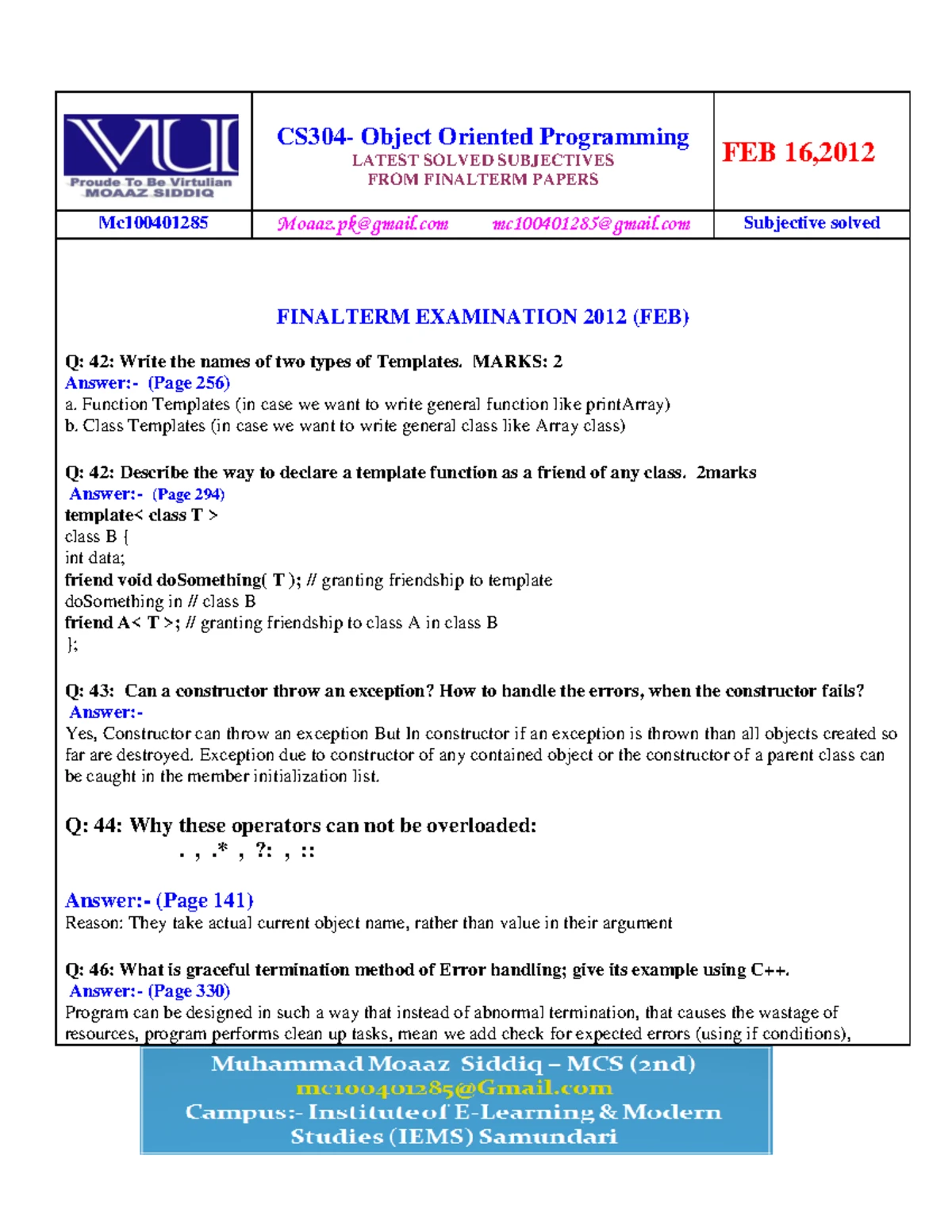 Cs304 Midterm Mcqs Solved With References By Moaaz Cs304 Object Oriented Programming Latest