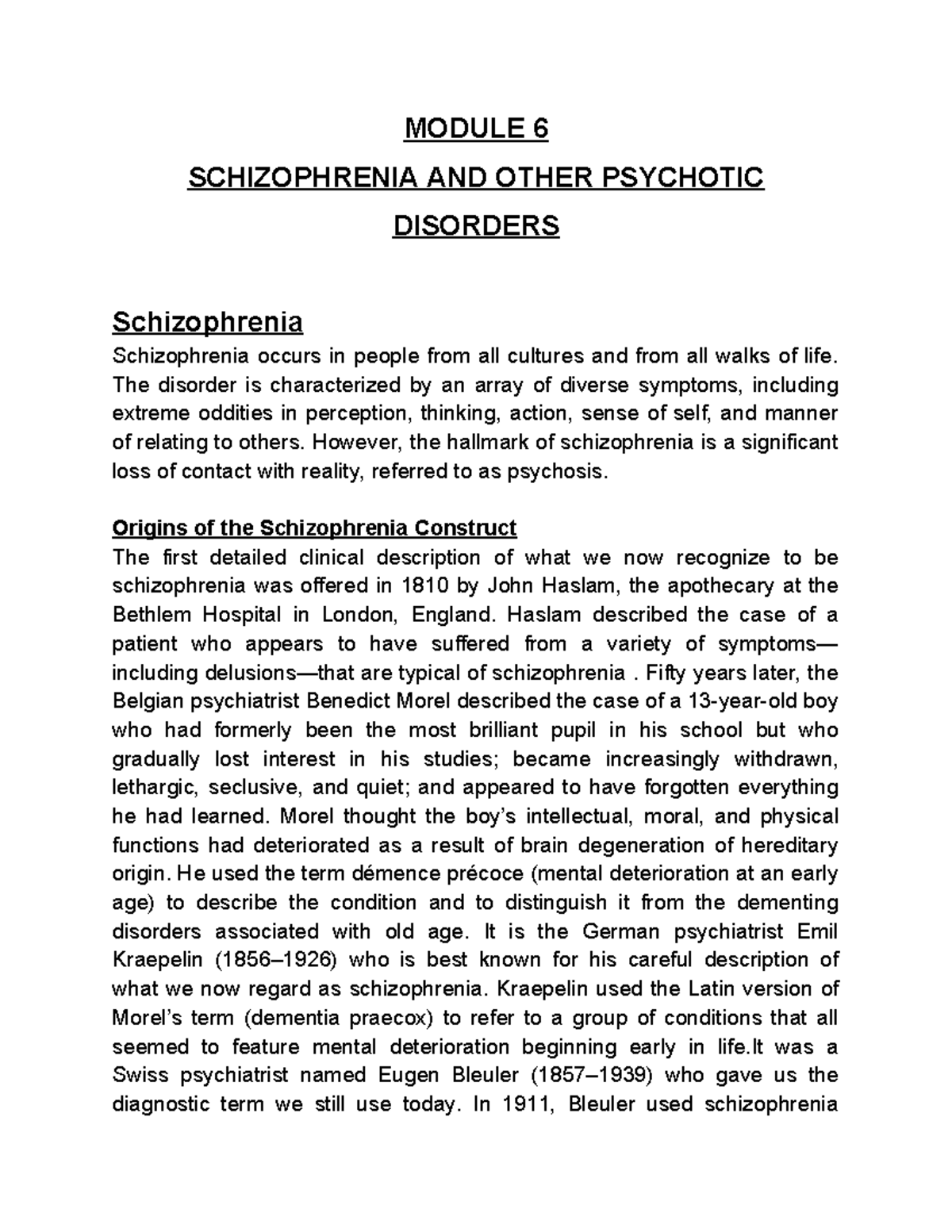 Module 6 AB-1: Schizophrenia and Psychotic Disorders Overview - Studocu