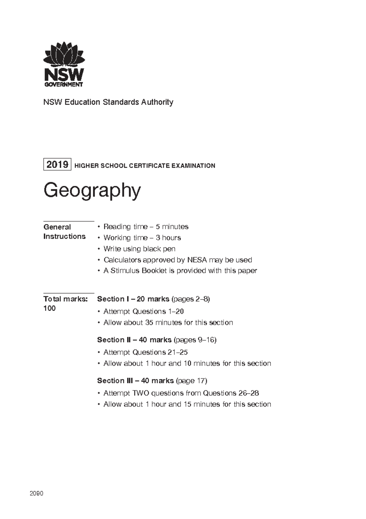 2019 HSC Geography Exam Instructions and Questions - Studocu