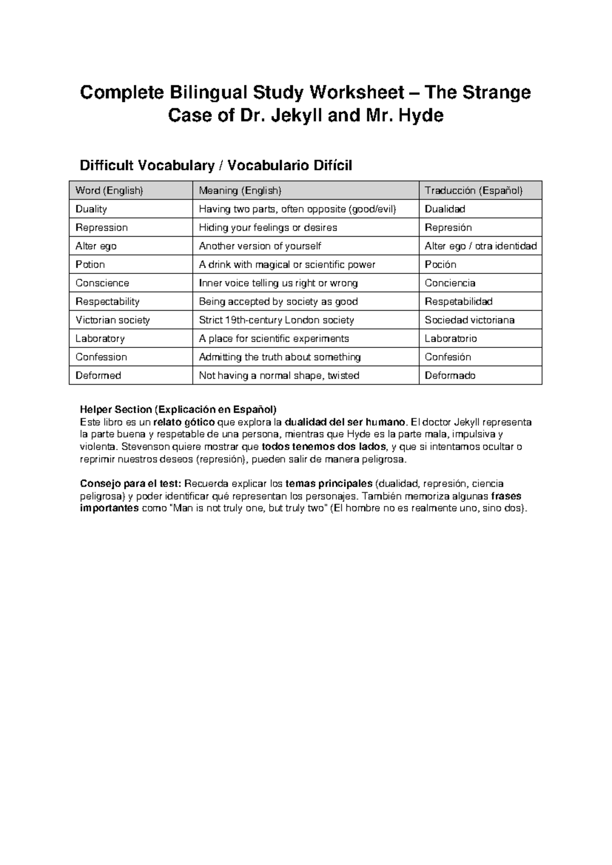 Bilingual Study Worksheet: The Strange Case of Dr. Jekyll and Mr. Hyde ...