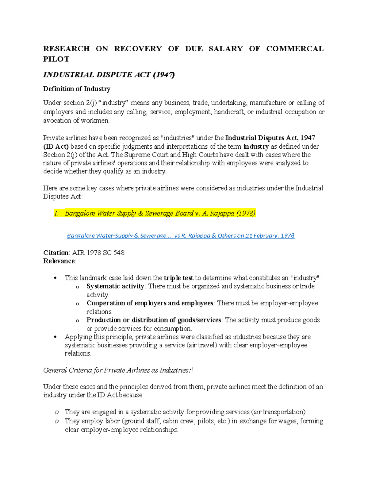 Research on Recovery of Salary for Commercial Pilots under ID Act (1947 ...
