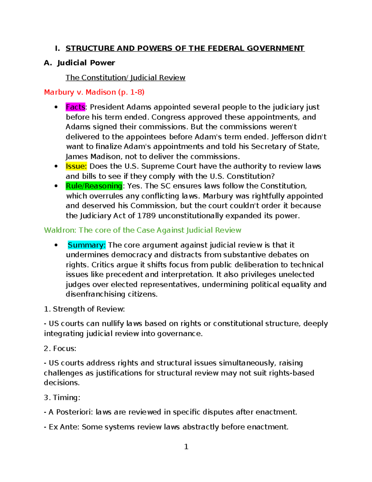 Constitutional Law Outline - I. STRUCTURE AND POWERS OF THE FEDERAL ...