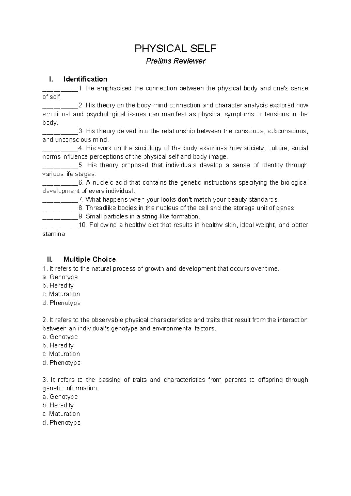 UTS - Physical Self Quiz Final Review Notes - Studocu