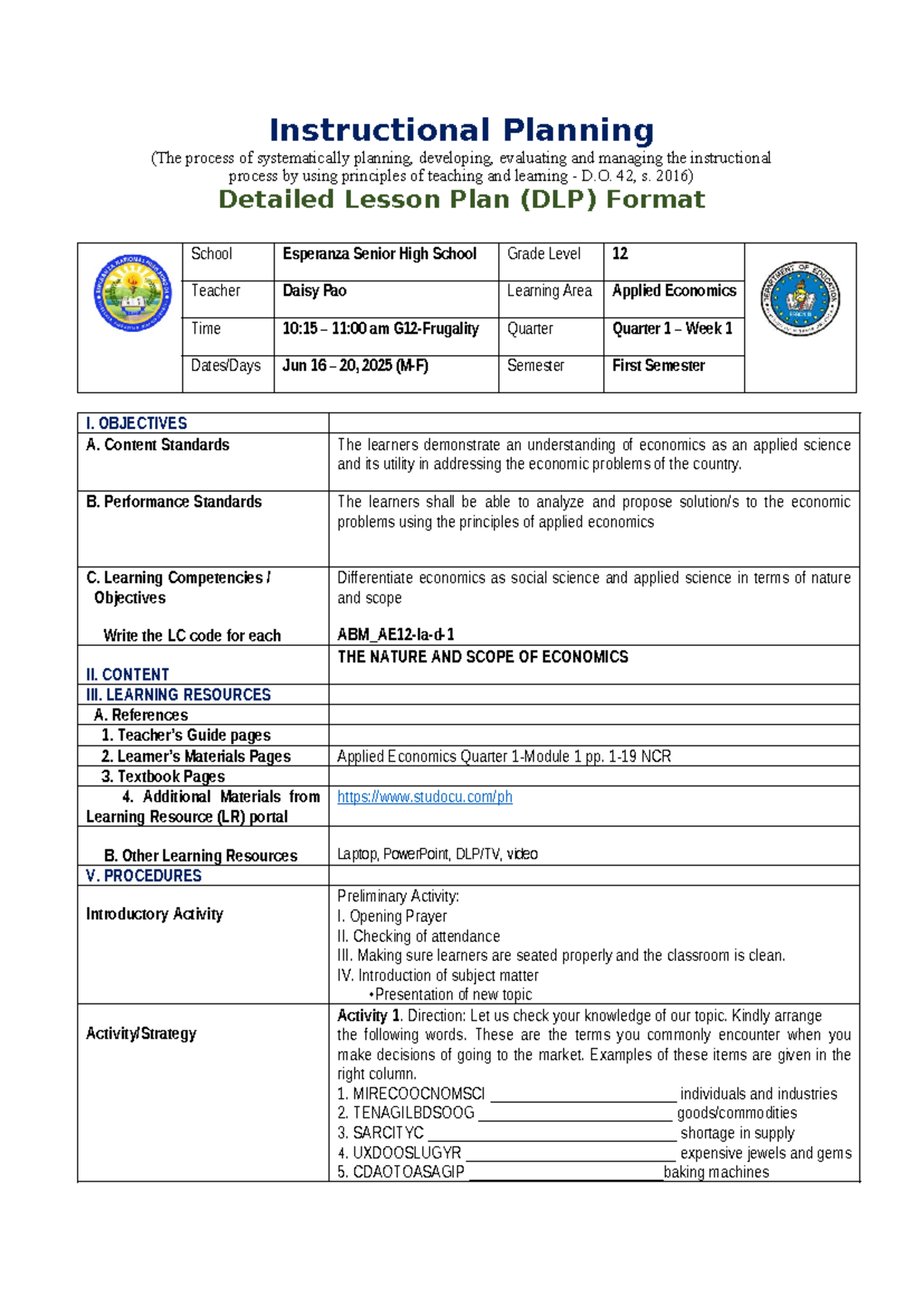 DLP - Applied Economics Lesson Plan for Grade 12 (Q1 W1) - Studocu