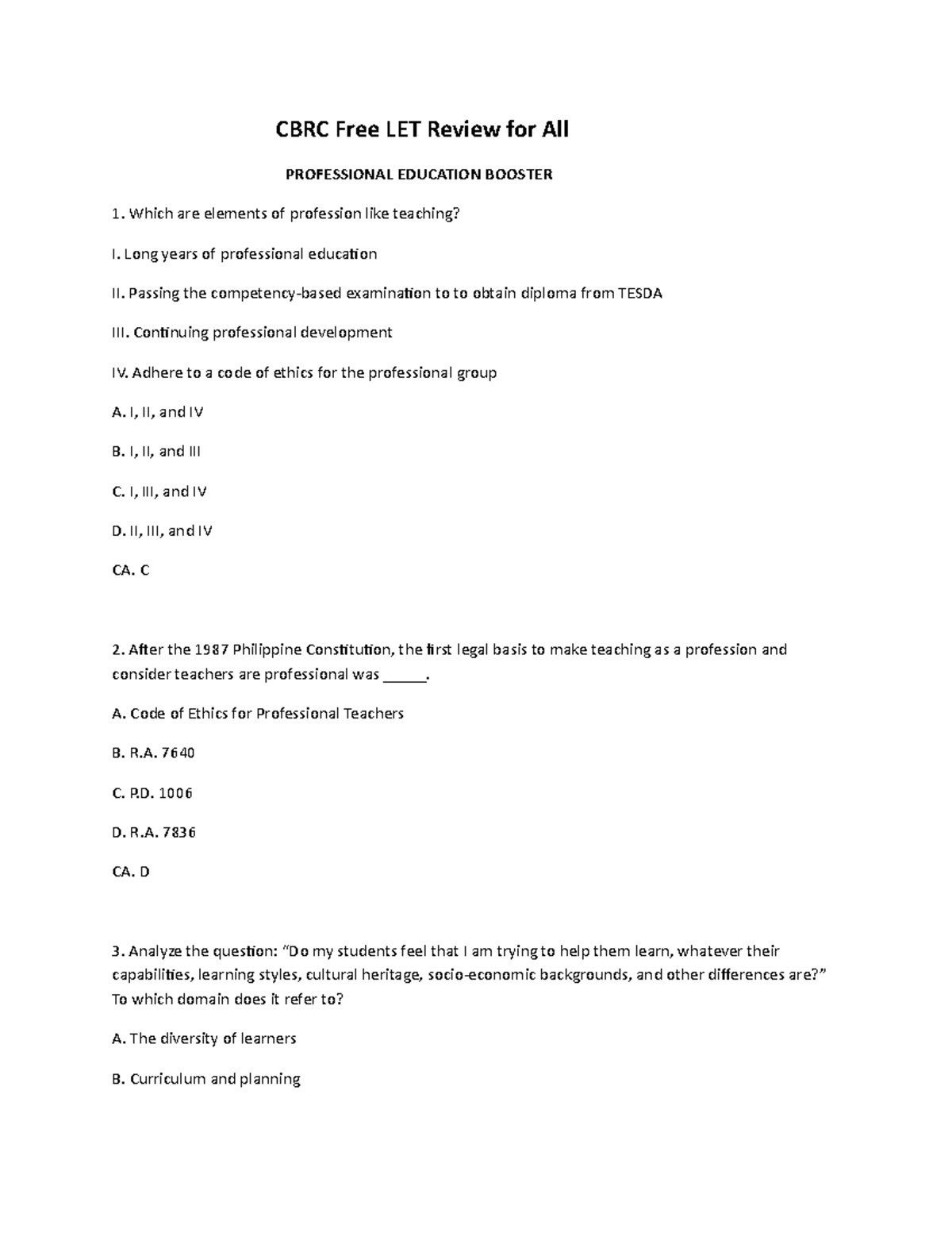 CBRC LET Professional Education Review - Free Resource Part 1 - Studocu