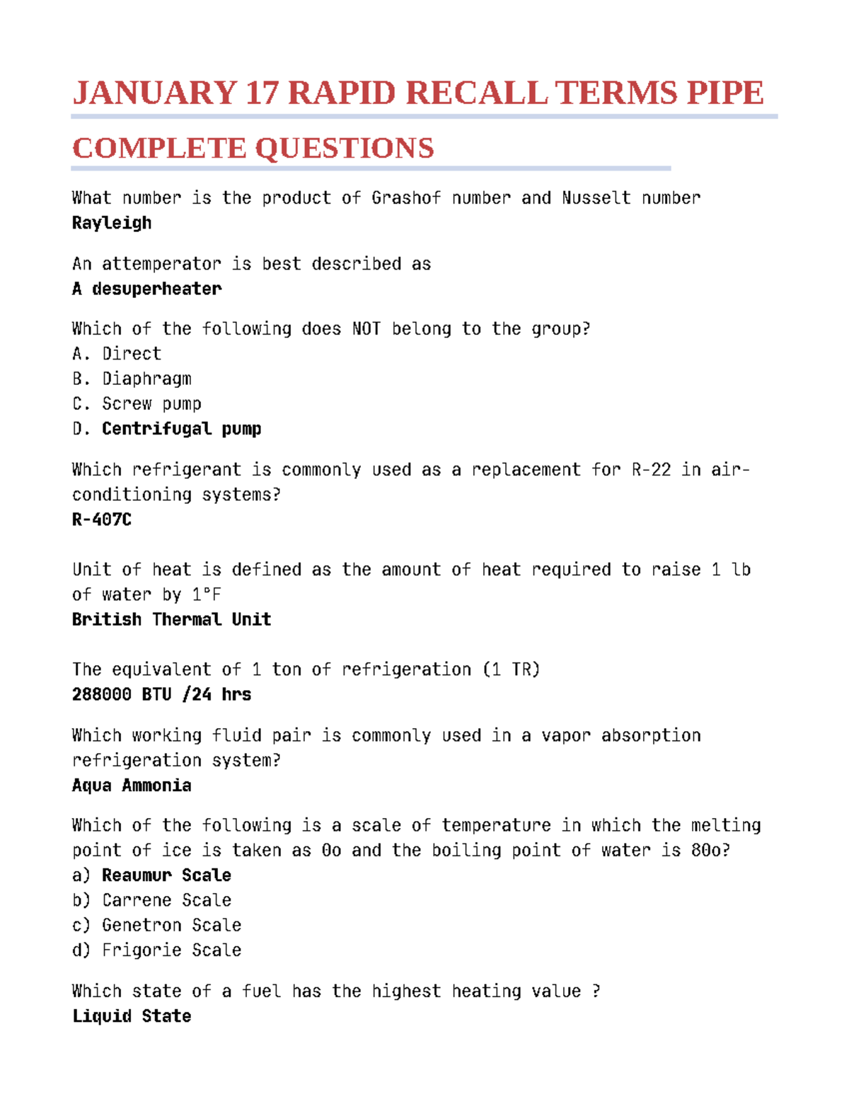 Rapid Recall Terms for PIPE - Key Concepts and Questions - Studocu