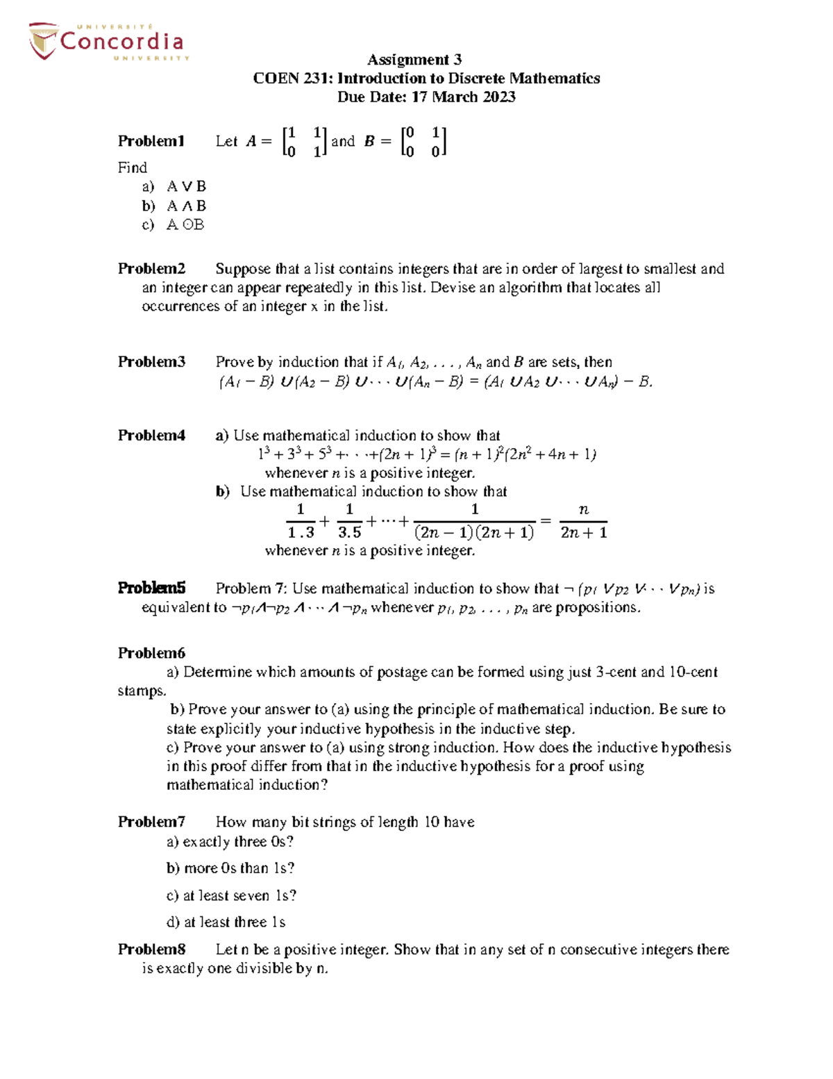 Assignment 3-2023 - Assignment 3 COEN 231: Introduction to Discrete ...
