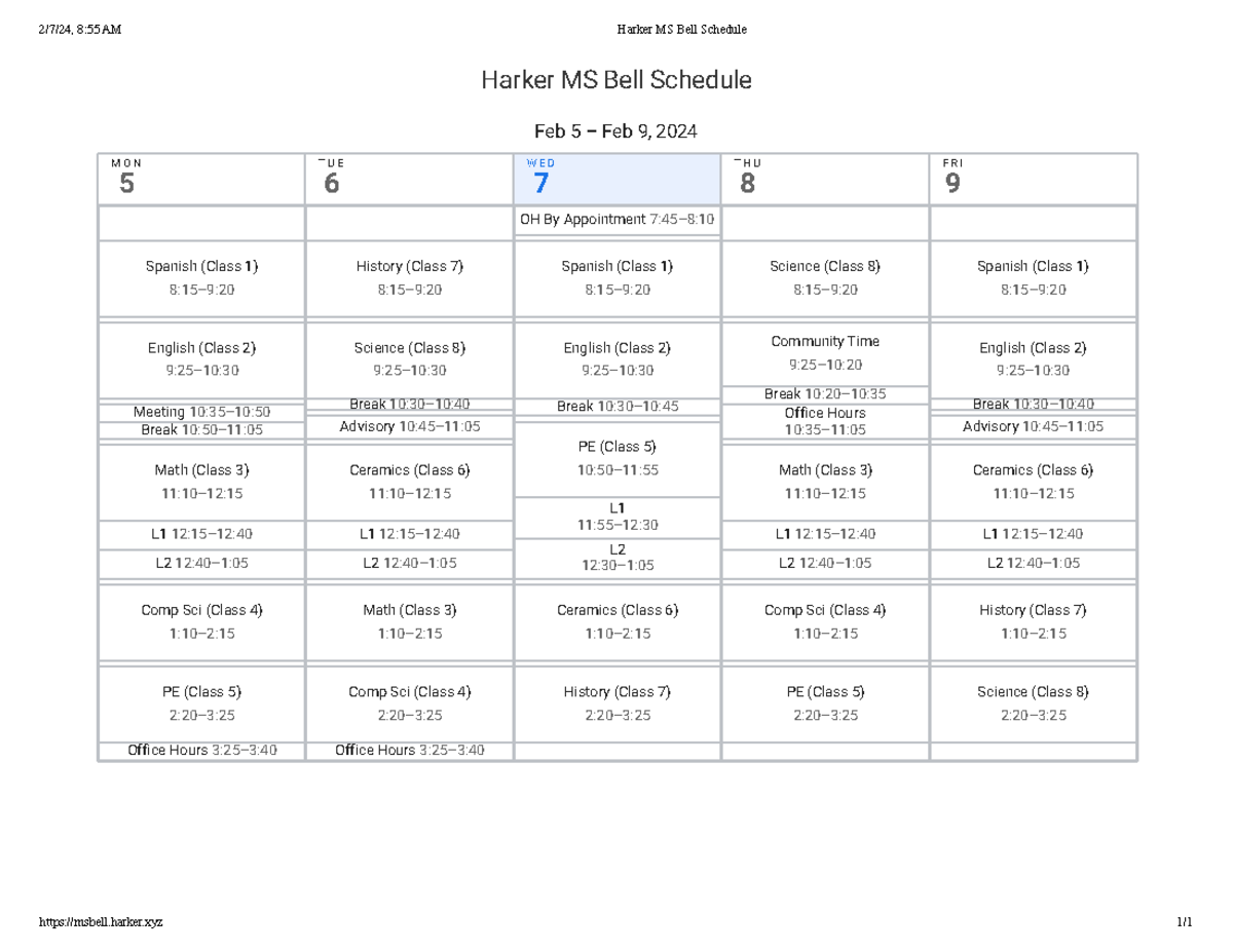 Harker MS Bell Schedule: Feb 5-9, 2024 - Studocu