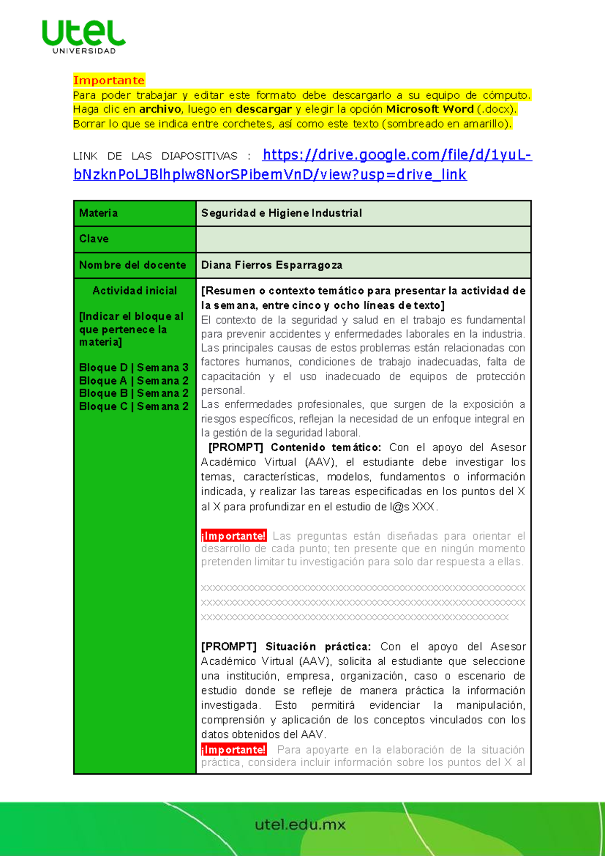 UTEL PLUS Formato de actividades 2 - Importante Para poder trabajar y ...