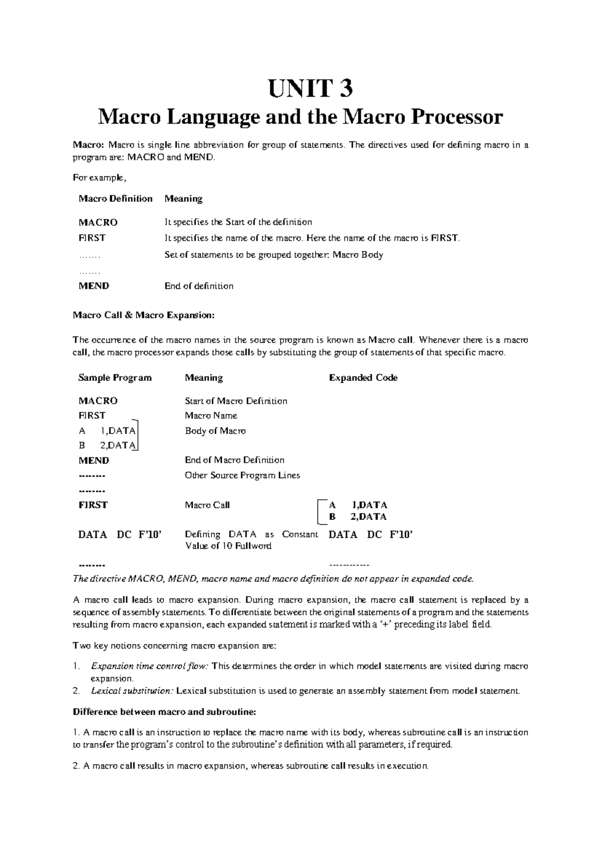 Unit-3 - UNIT 3 Macro Language and the Macro Processor Macro: Macro is ...
