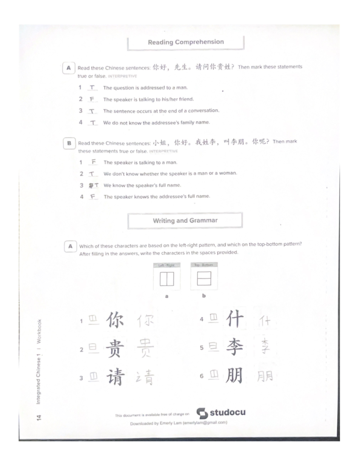 HW 1 - Homework 1 CHIN 1 - Reading Comprehension A Read these Chinese ...