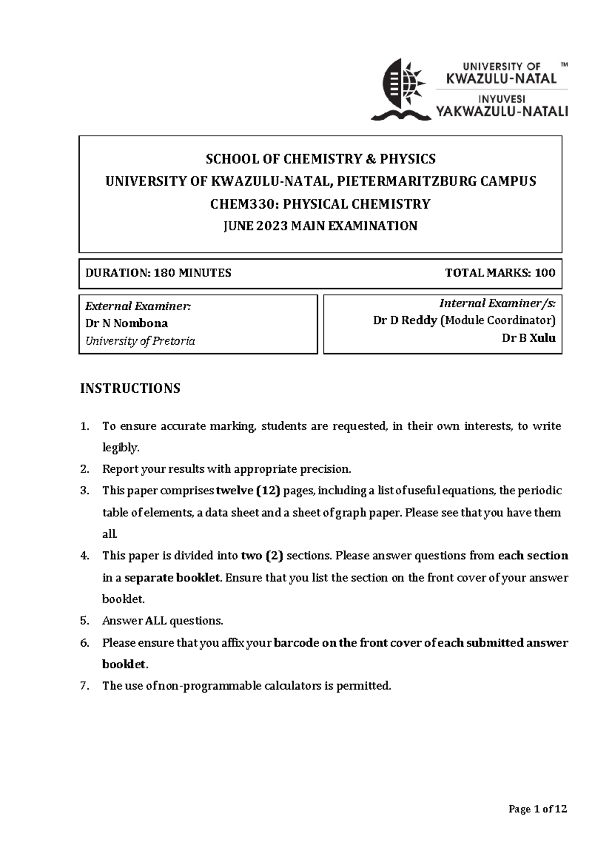 PMB CHEM330: Physical Chemistry June 2023 Main Exam Question Paper ...