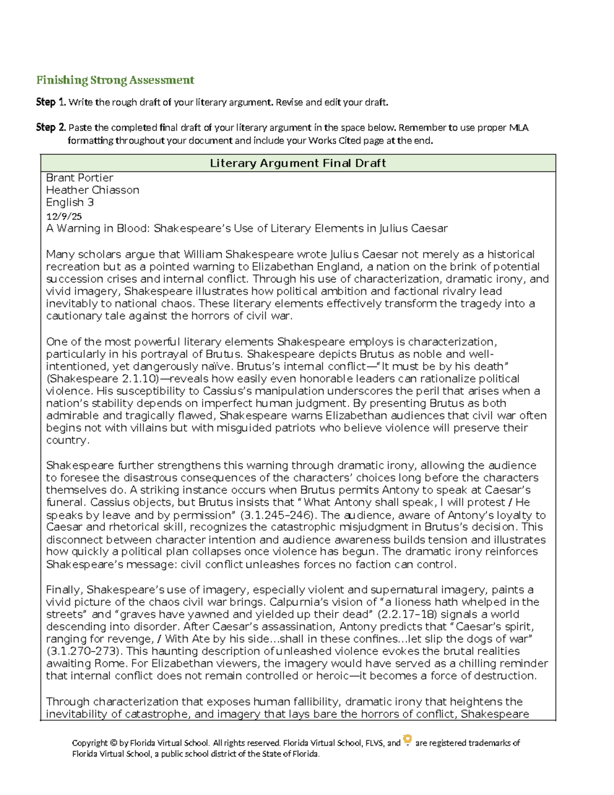 English 3 Literary Argument Final Draft: A Warning in Blood - Studocu