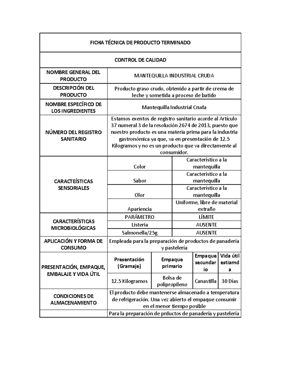 Ficha Técnica de Producto Terminado: Mantequilla Cruda 1 - Studocu