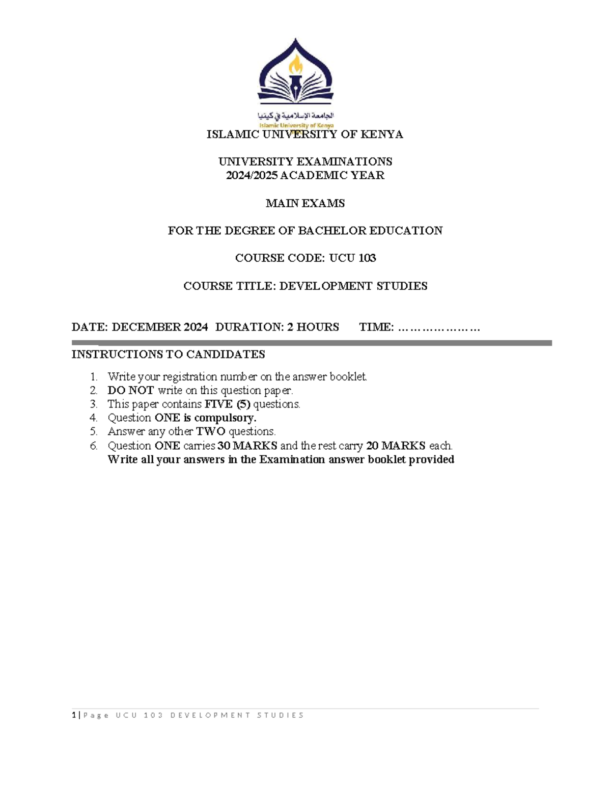 UCU 103 Final Exam: Development Studies Questions & Guidelines - Studocu