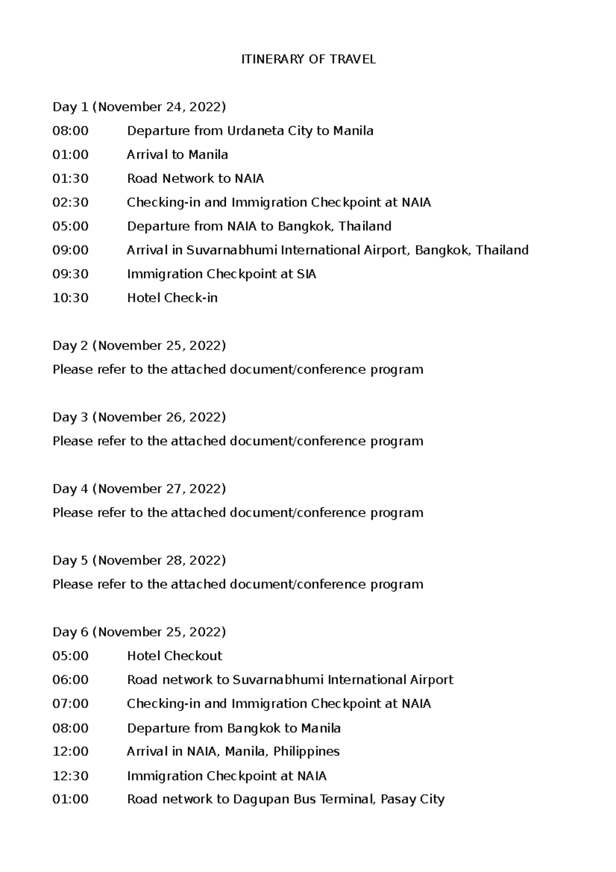 Example-of-Itinerary - ITINERARY OF TRAVEL Day 1 (November 24, 2022) 08 ...