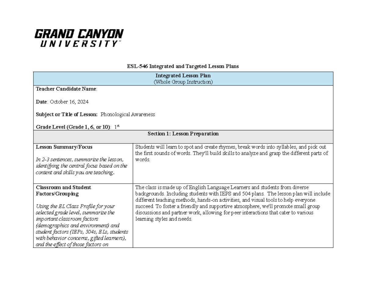 ESL-546-RS-T4-Phonological Awareness Integrated Lesson Plan for 1st ...