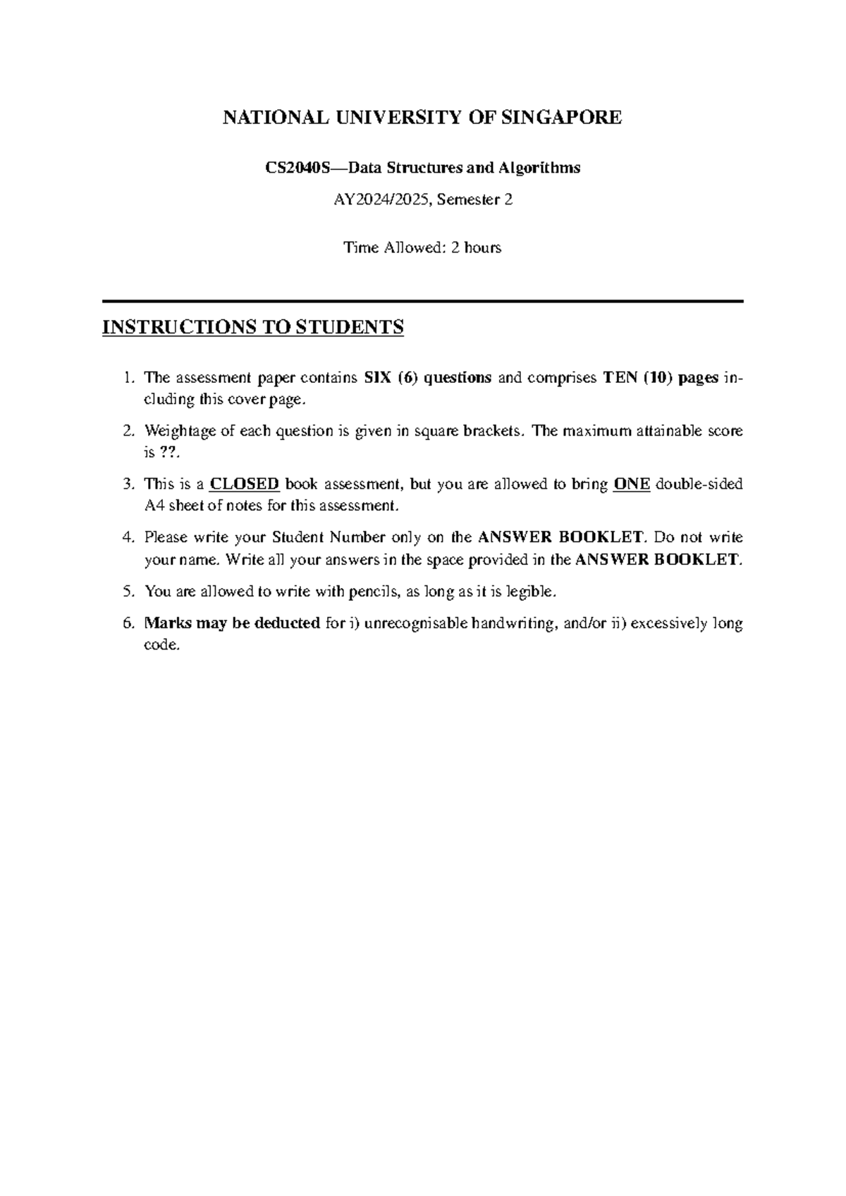 CS2040S Final Exam: Structures and Algorithms Semester 2 Guide - Studocu