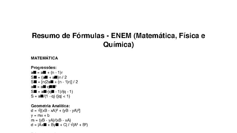 Formulas Resumidas ENEM - Resumo de Fórmulas - ENEM (Matemática, Física ...