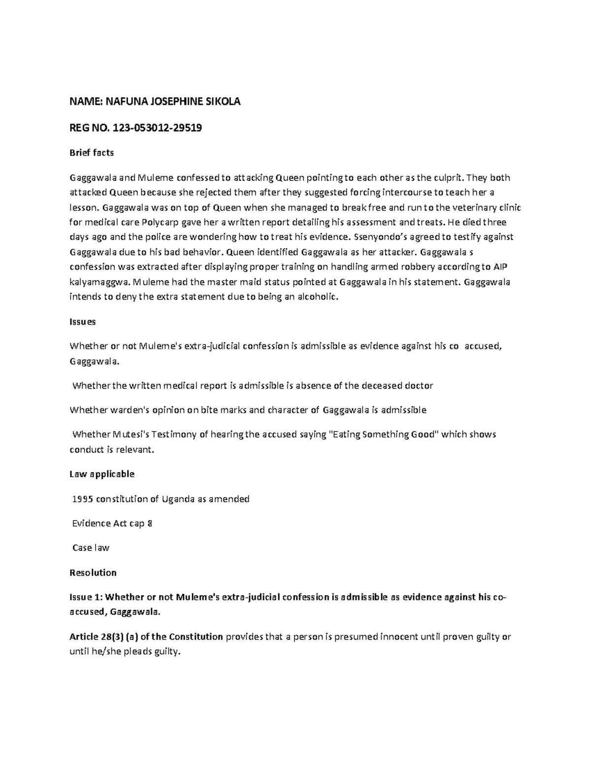 LAW 123: Case Study on Admissibility of Confessions and Evidence - Studocu