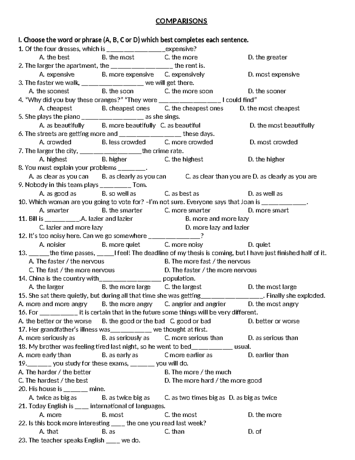 Comparisons Exercise: Choose the Best Phrase for Each Sentence - Studocu