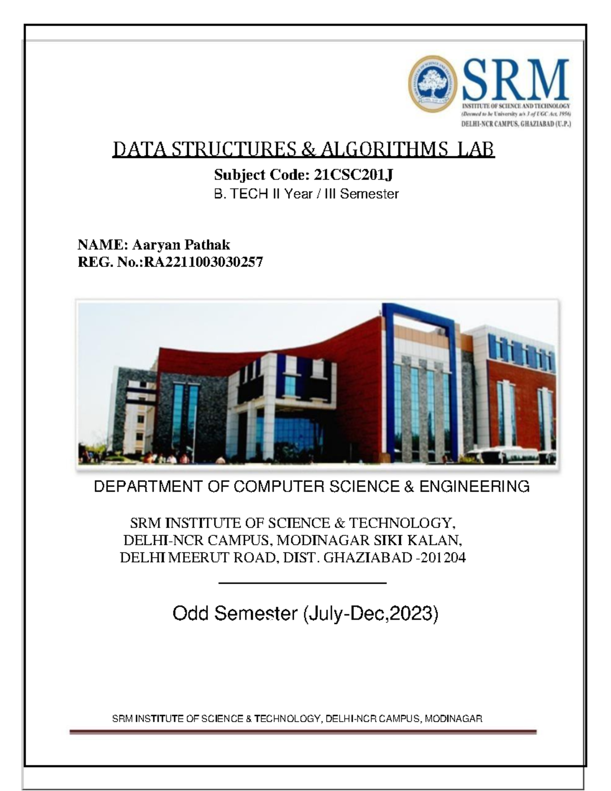 Data Structures & Algorithms Lab File (21CSC201J) - Complete Record - Studocu