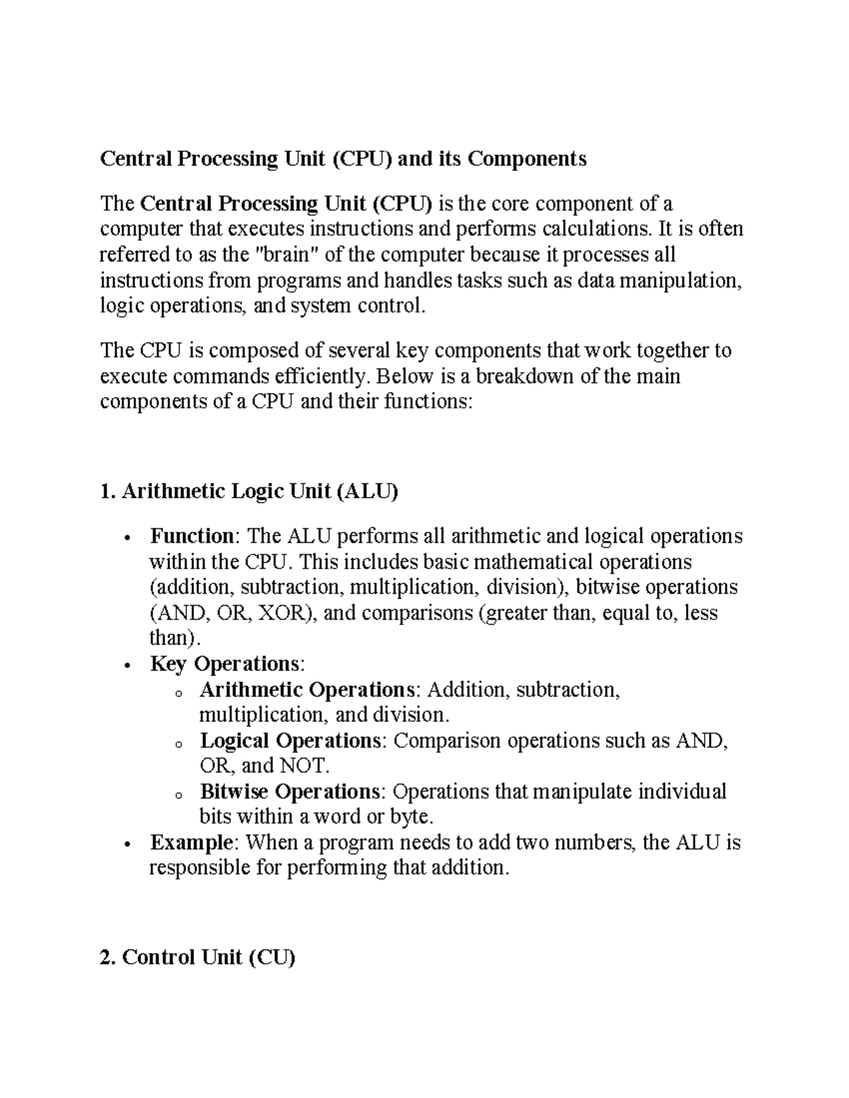 CPU Components Overview: Functions and Operations - Studocu