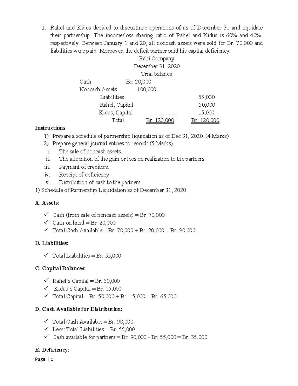 Partnership Liquidation Schedule & Journal Entries (Course Code: 1 ...