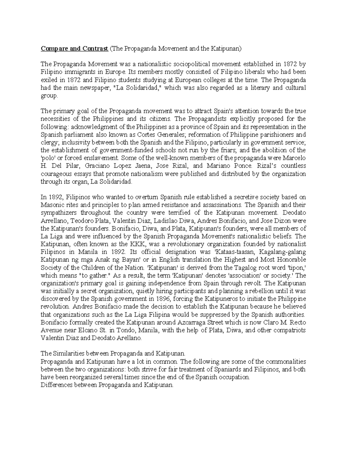 Comparative Study of the Propaganda Movement & Katipunan (2AIA) - Studocu