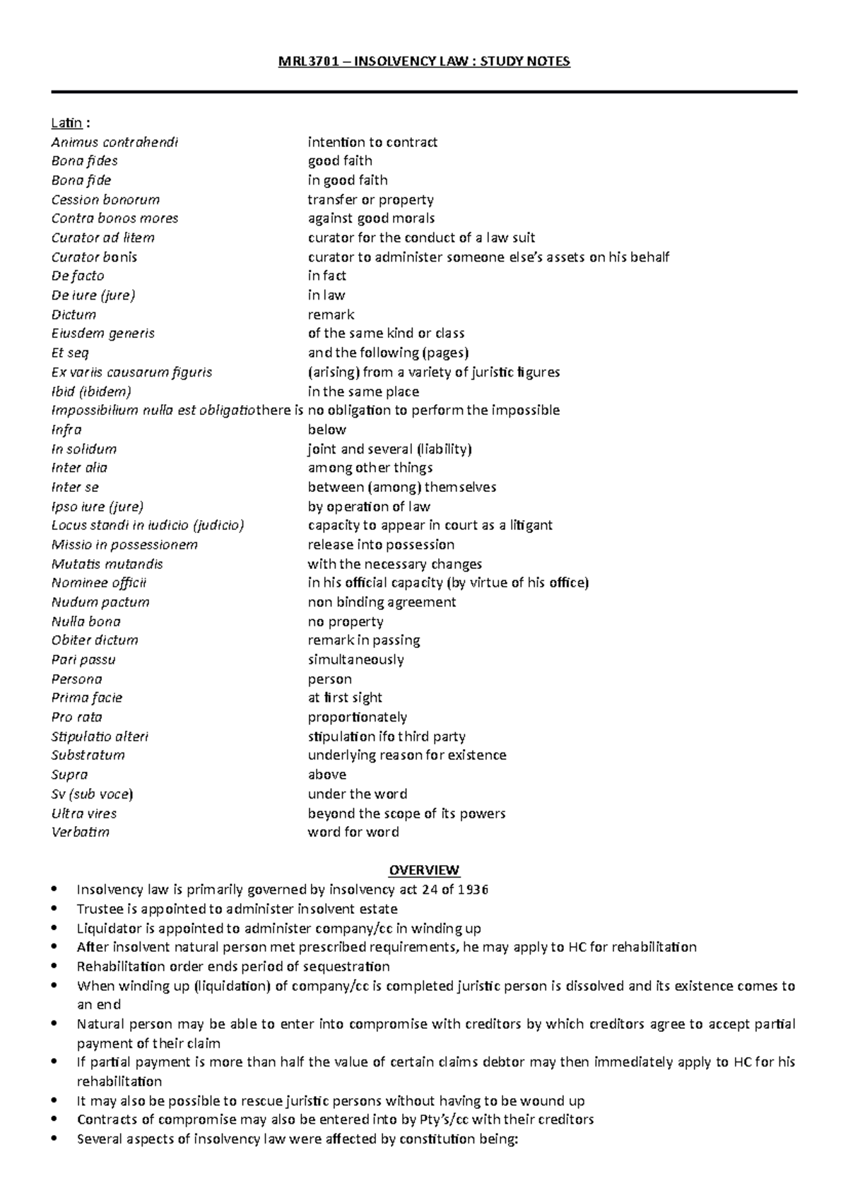 MRL3701 study notes - MRL3701 – INSOLVENCY LAW : STUDY NOTES Latin ...