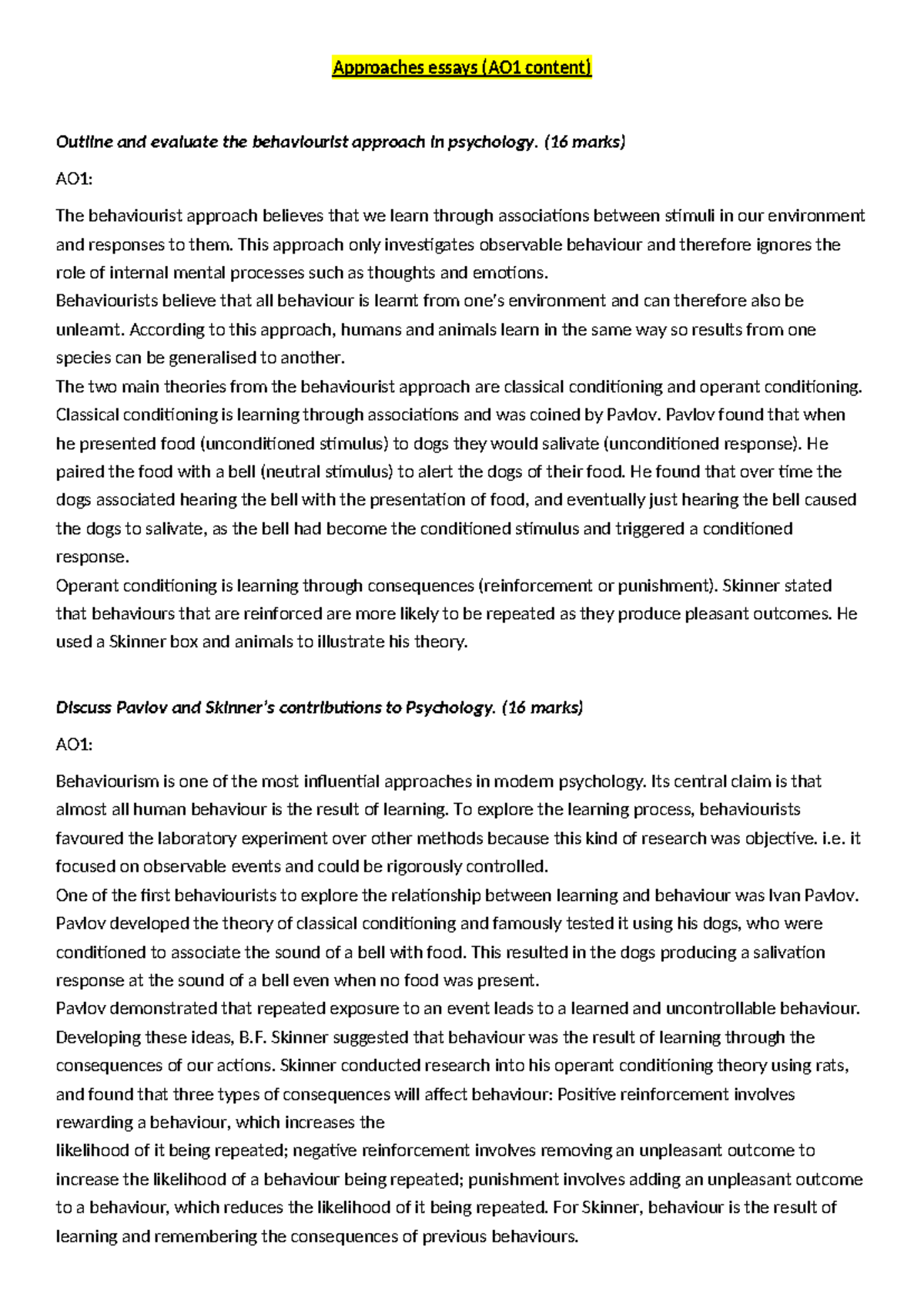 AO1 Model Answers for Approaches in Psychology (A-Level) - Studocu