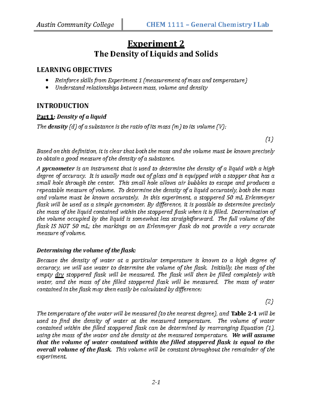 CHEM 1111 Experiment 2: Determining the Density of Liquids & Solids ...