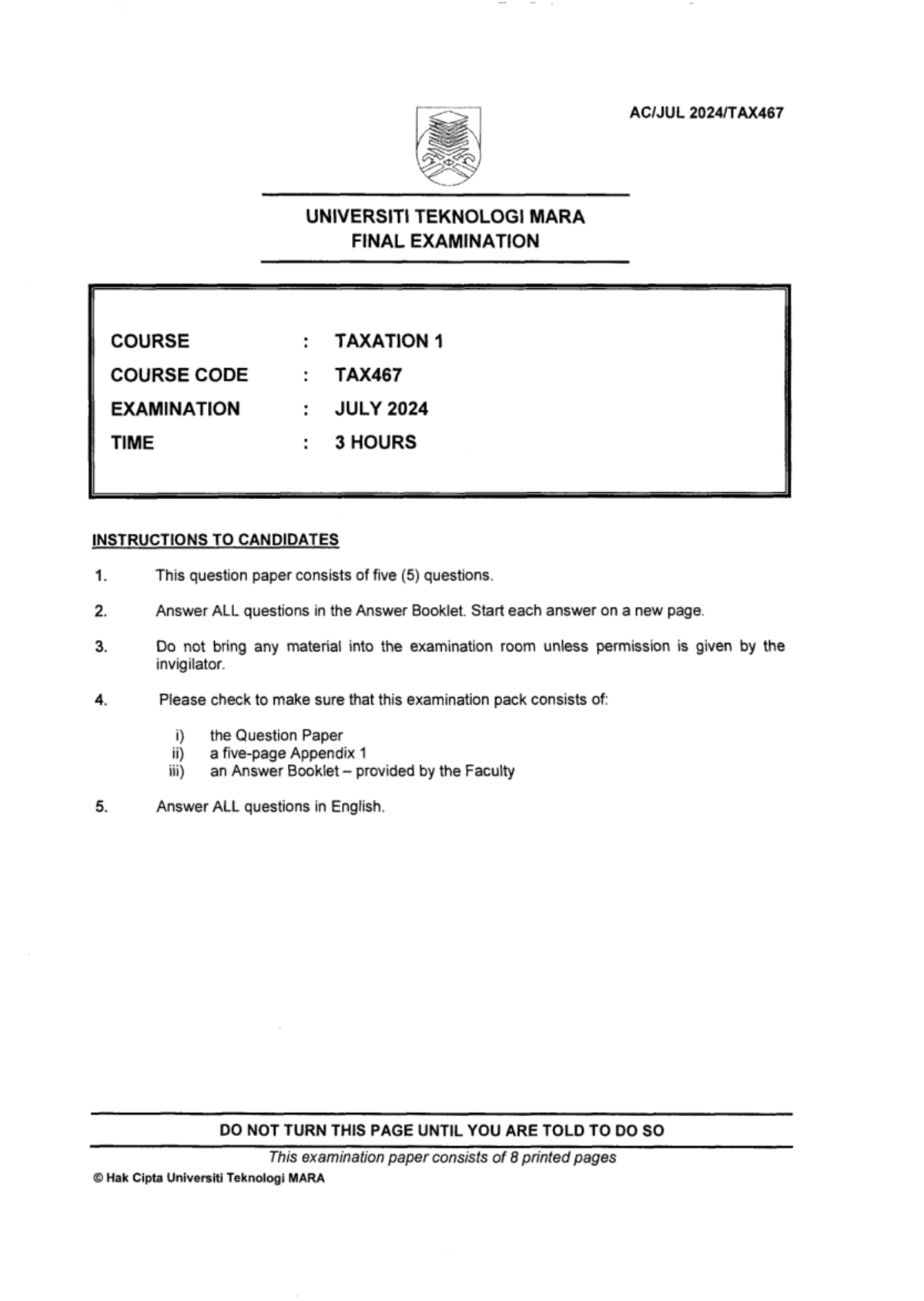 Taxation 1 Final Exam July 2024 - TAX467 Question Paper - Studocu