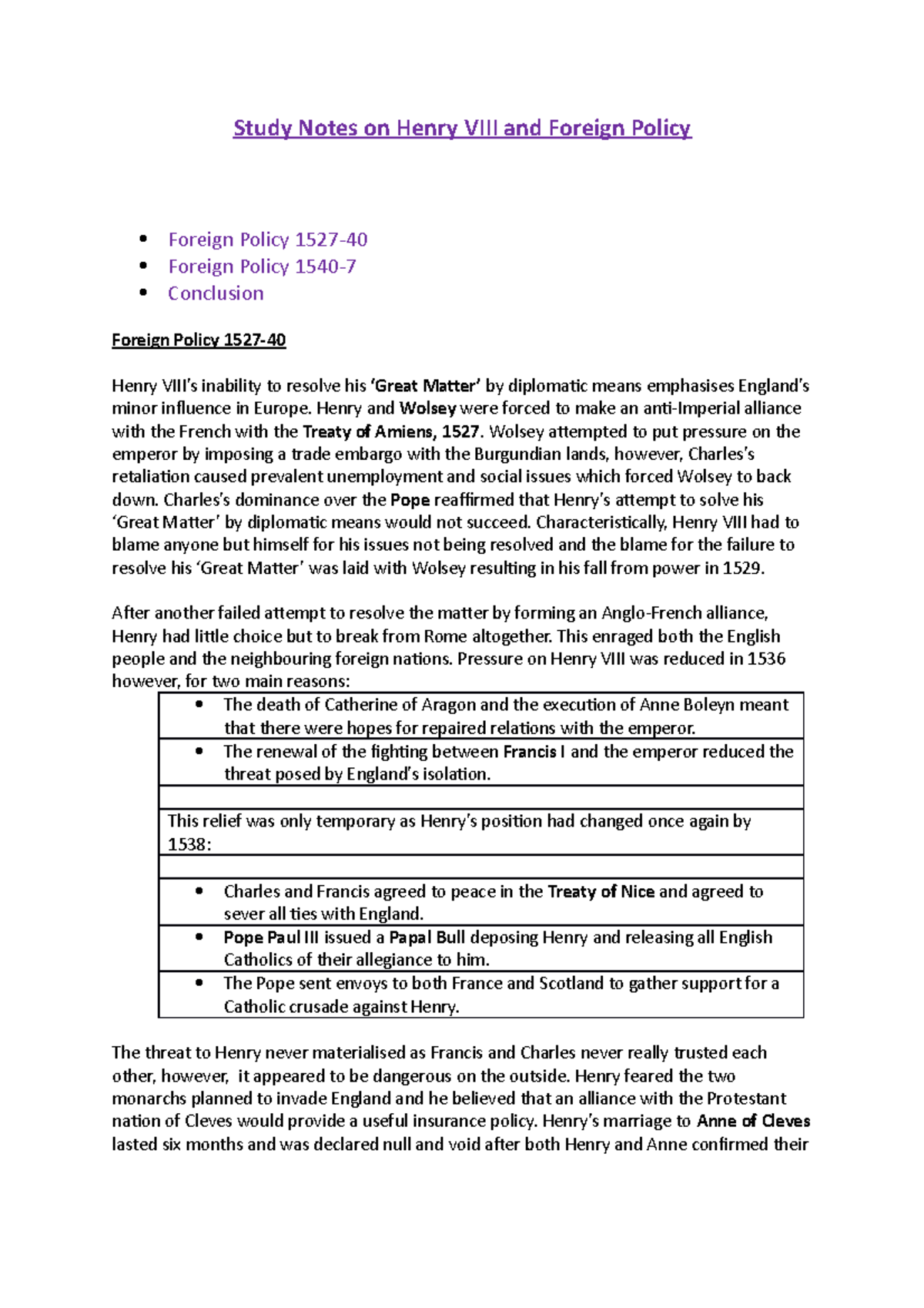 Henry VIII's Foreign Policy: Key Events 1527-1547 - Studocu