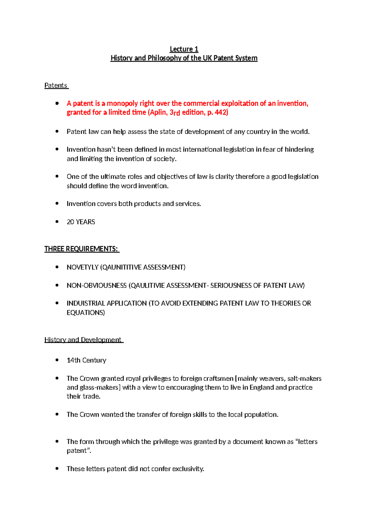 Lecture 1: History and Philosophy of the UK Patent System - Studocu