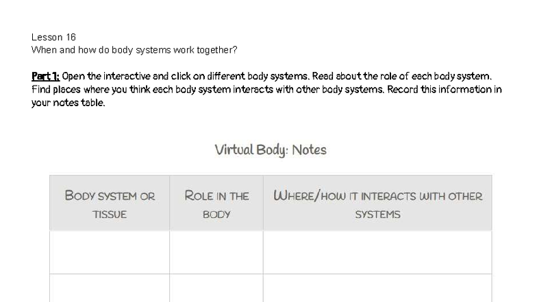 U4 Lesson 15-16: Body Systems Interaction & Model Creation - Studocu