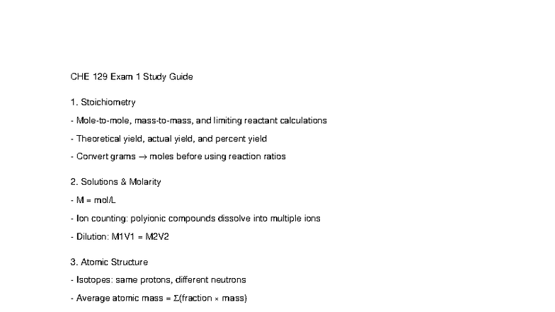 CHE 129 Exam 1 Study Guide: Stoichiometry, Solutions, and Reactions ...