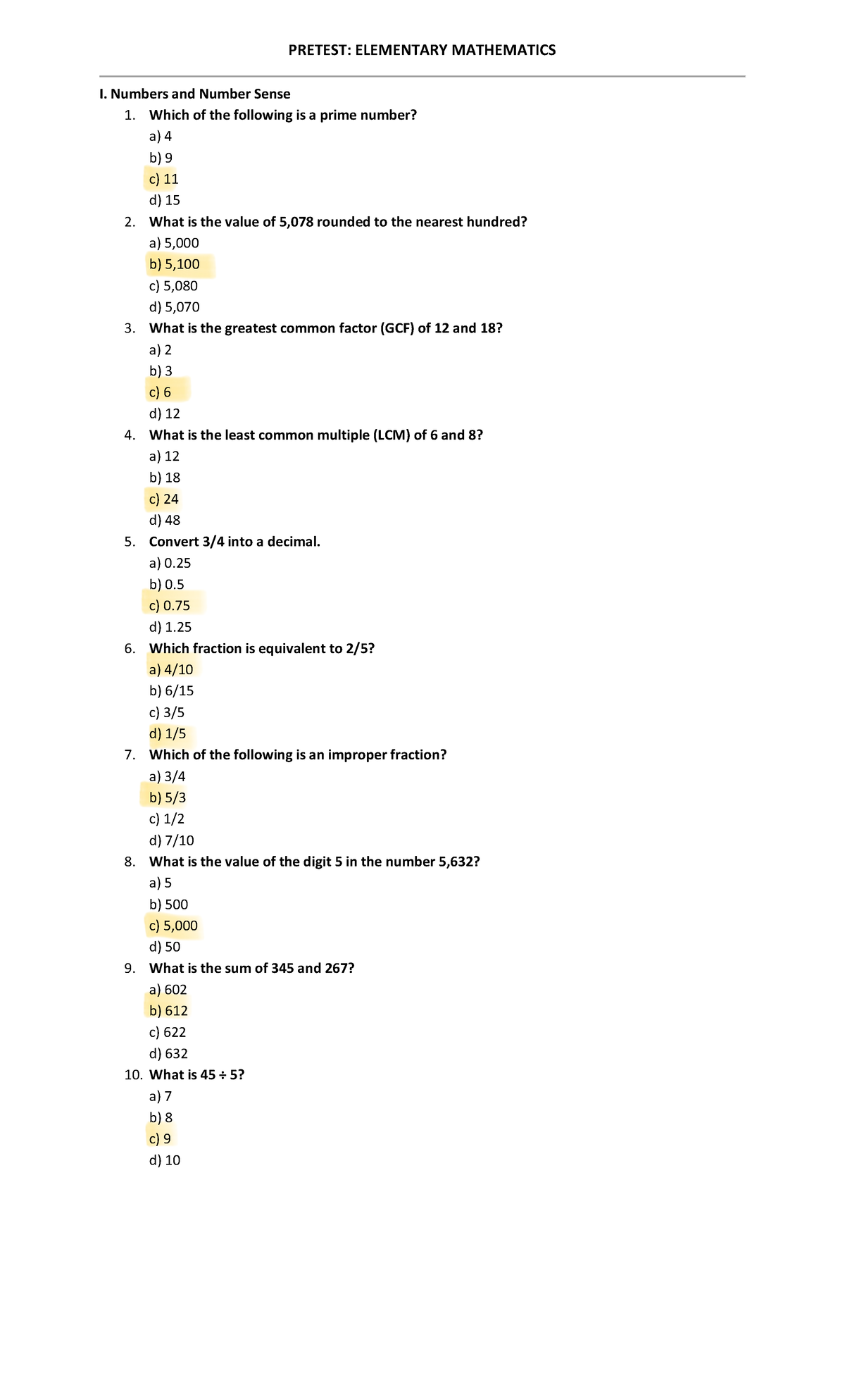 SPEC 107 - MATH Pretest - Math - PRETEST: ELEMENTARY MATHEMATICS I ...