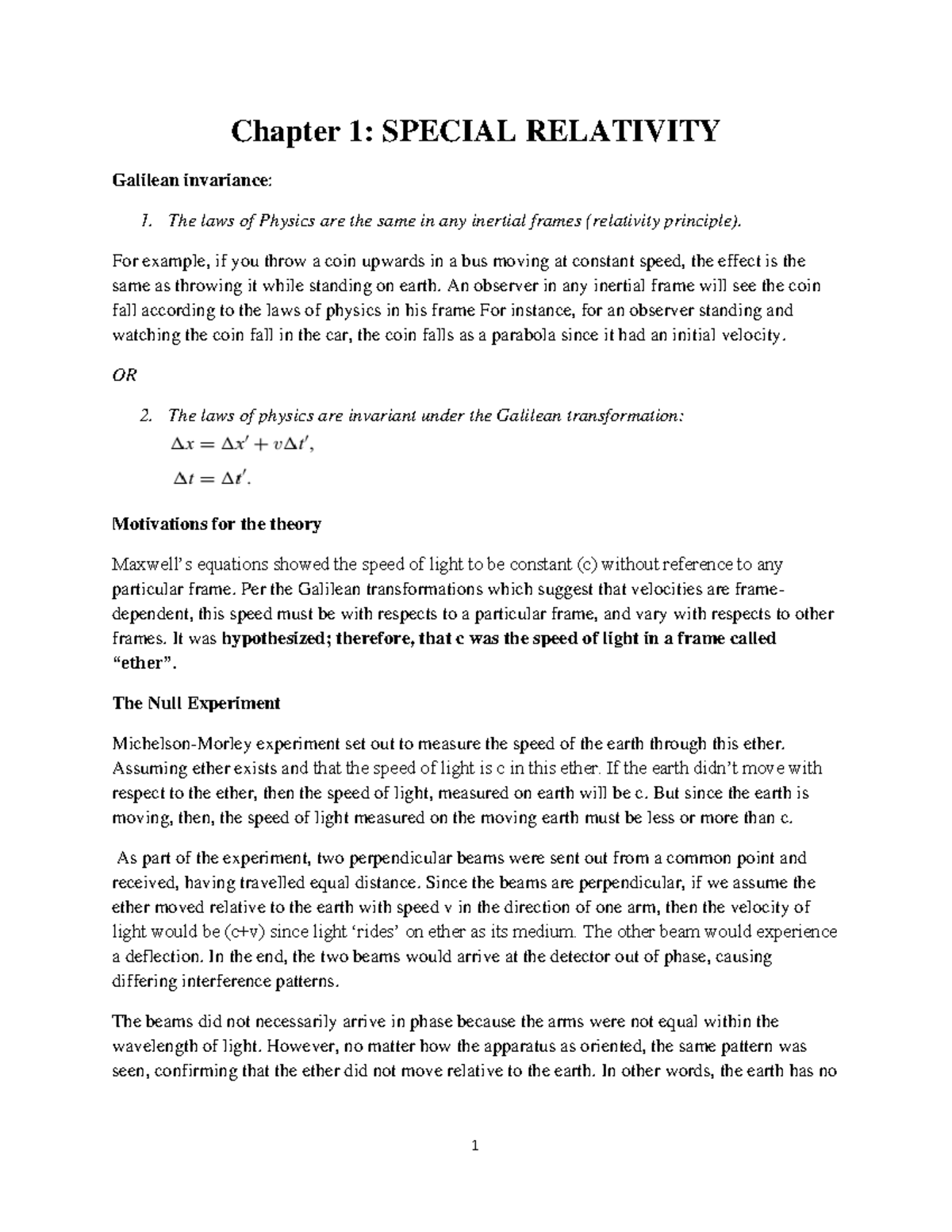 Relativity notes - Chapter 1: SPECIAL RELATIVITY Galilean invariance ...