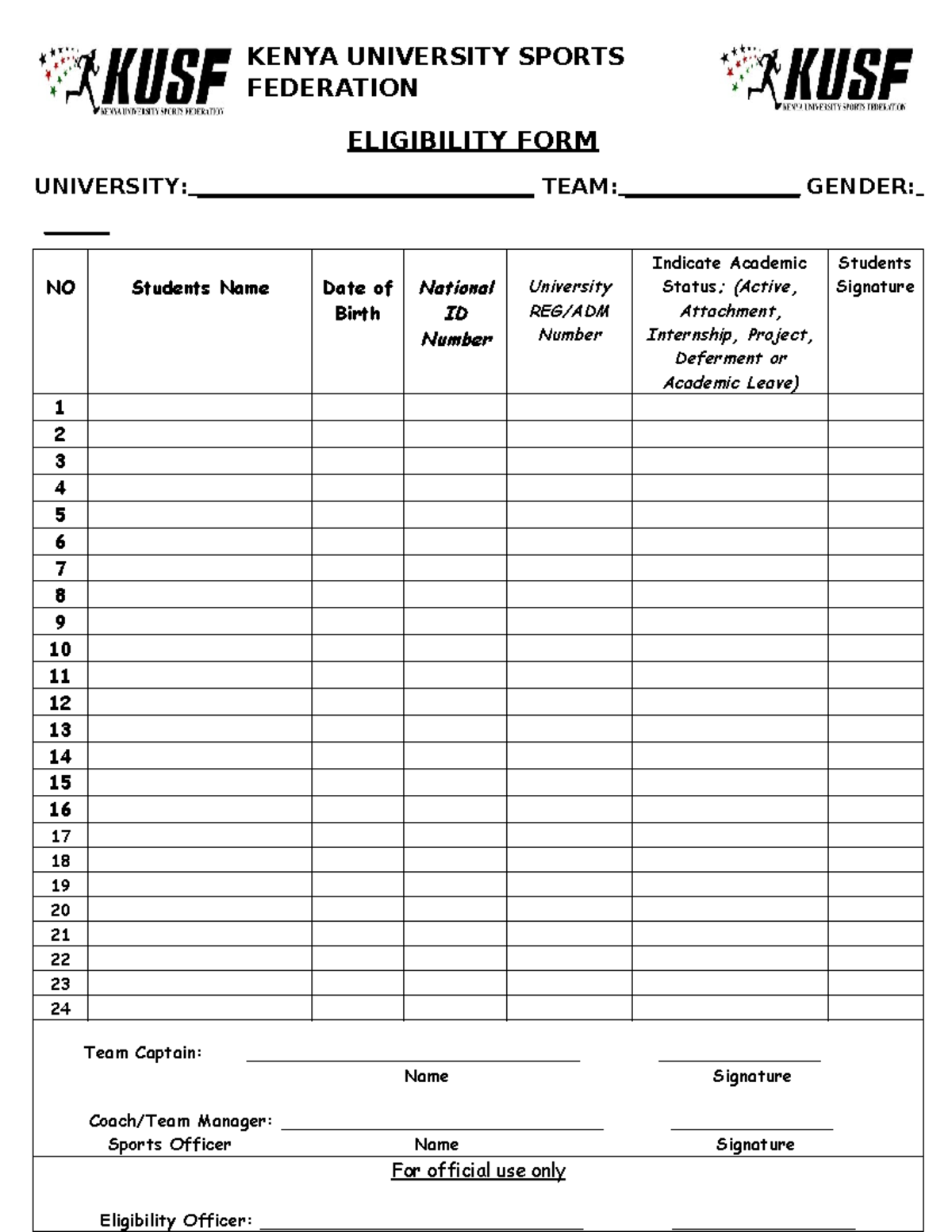 KUSF National Games Eligibility FORM 2 - KENYA UNIVERSITY SPORTS ...