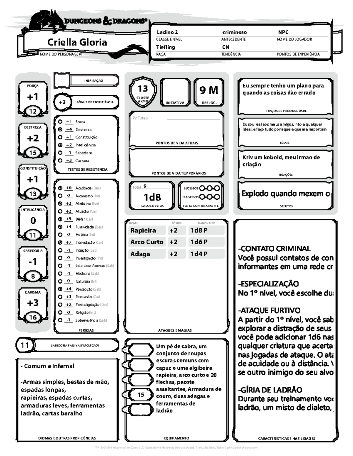 Ficha de Personagem Criella - NPC Criminoso Tiefling CN - Studocu