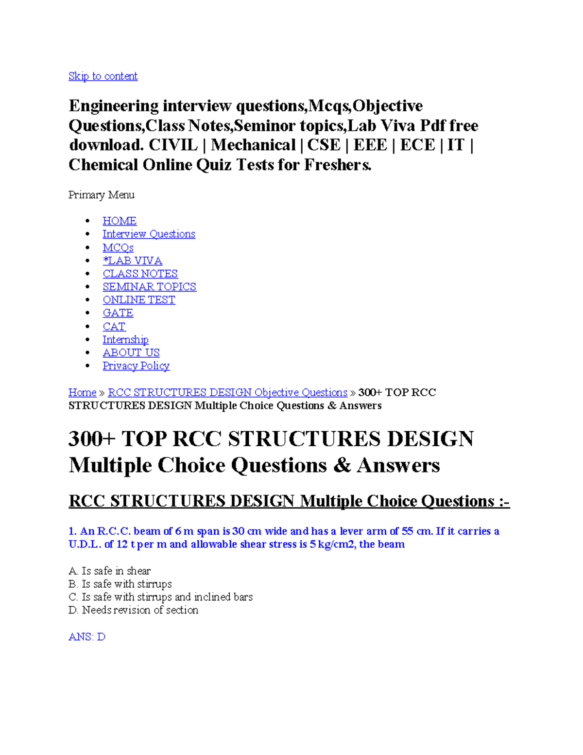 RCC Structures Design MCQs for Students - Preparation Guide - Studocu