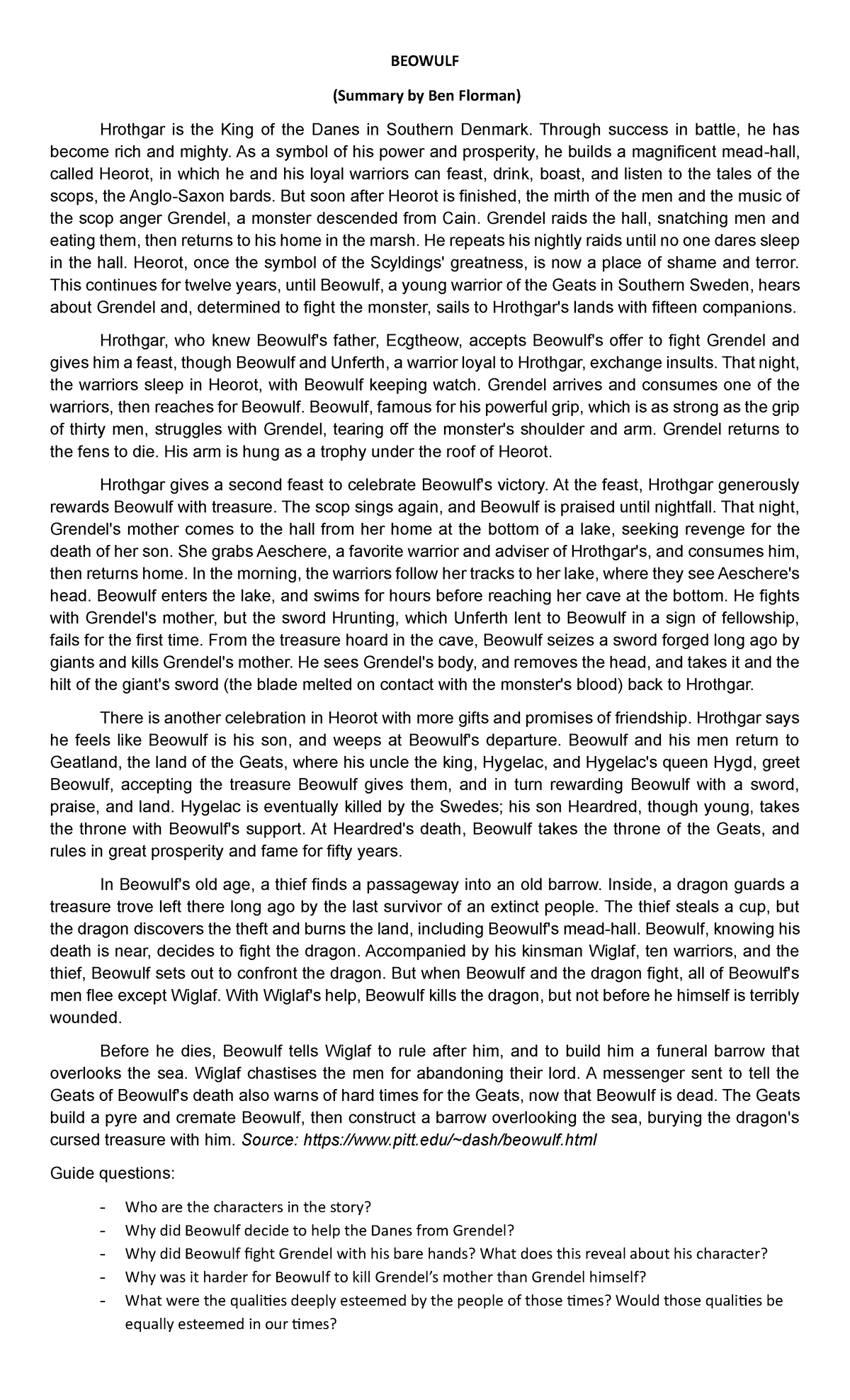 BEOWULF (Summary) - An Analysis of Characters and Themes - Studocu