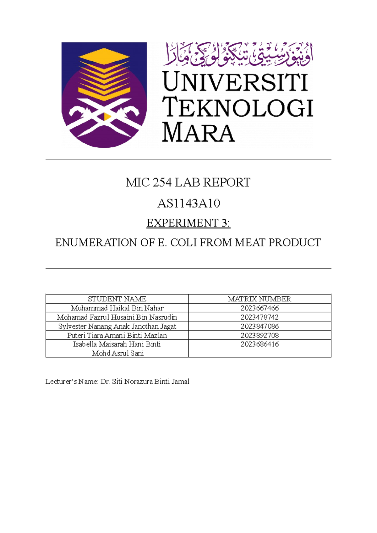 Lab Report MIC254: Enumeration of E. coli in Meat Product (Exp 3) - Studocu