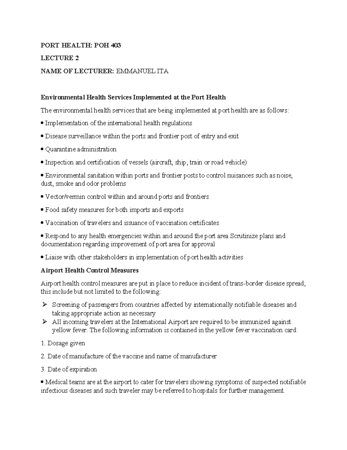 PORT Health LECTURE 2 - Environmental Health Services Overview (POH 403 ...
