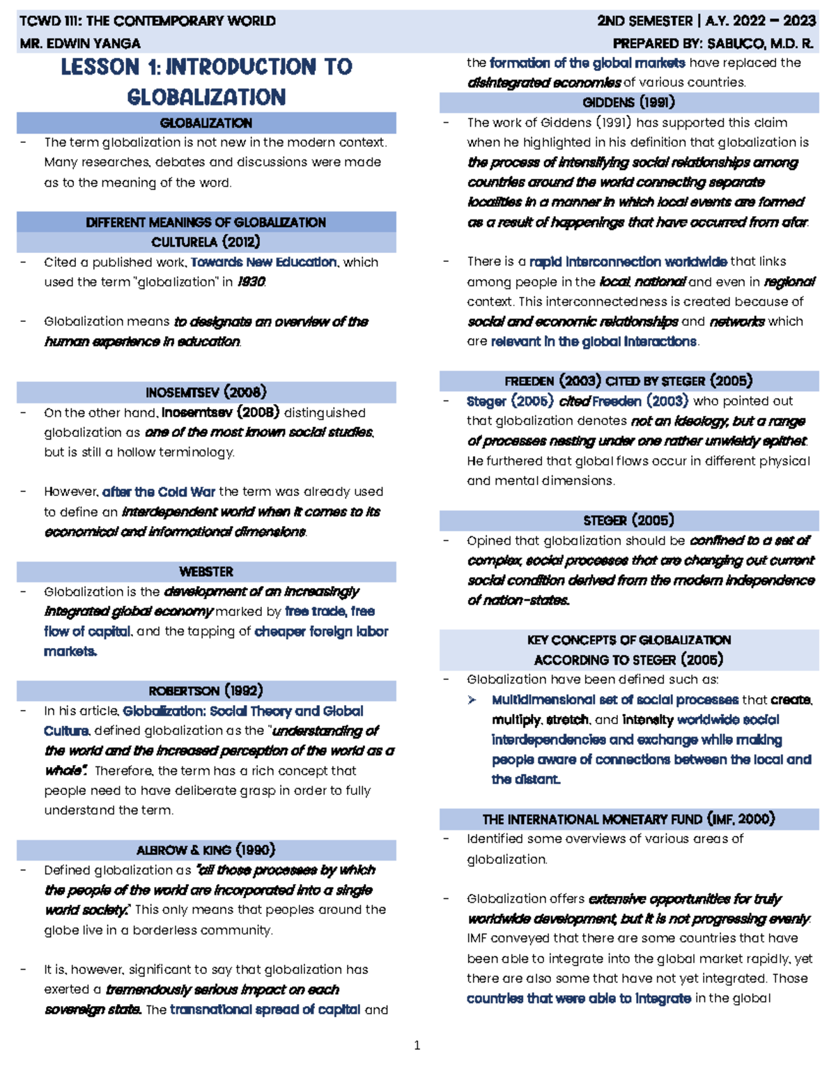 TCWD THE CONTEMPORARY WORLD 2ND SEMESTER A.Y. 2022-2023 GLOBALIZATION ...