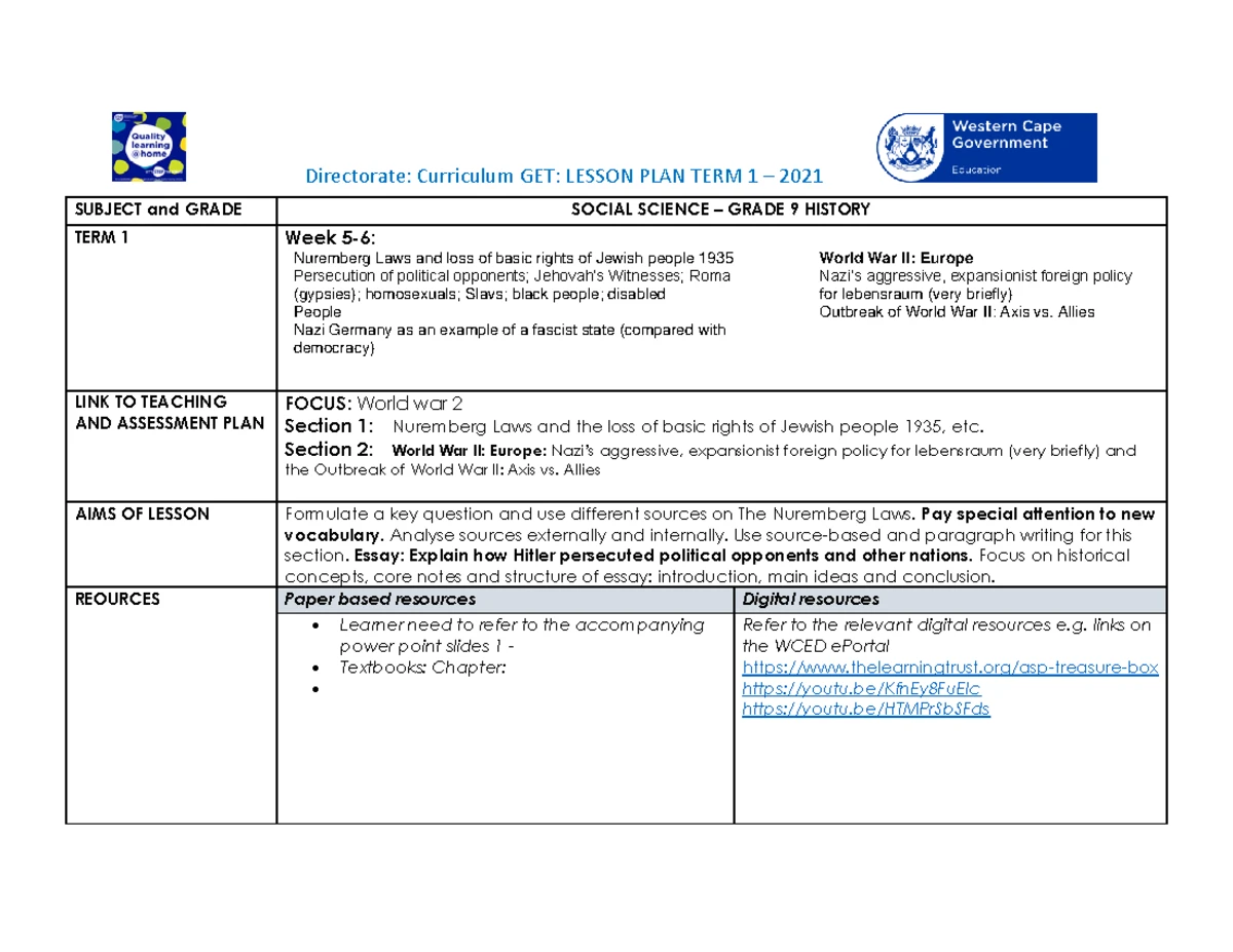 Lesson Plan SP Grade 9 SS History T1 W1: World War I Insights - Studocu